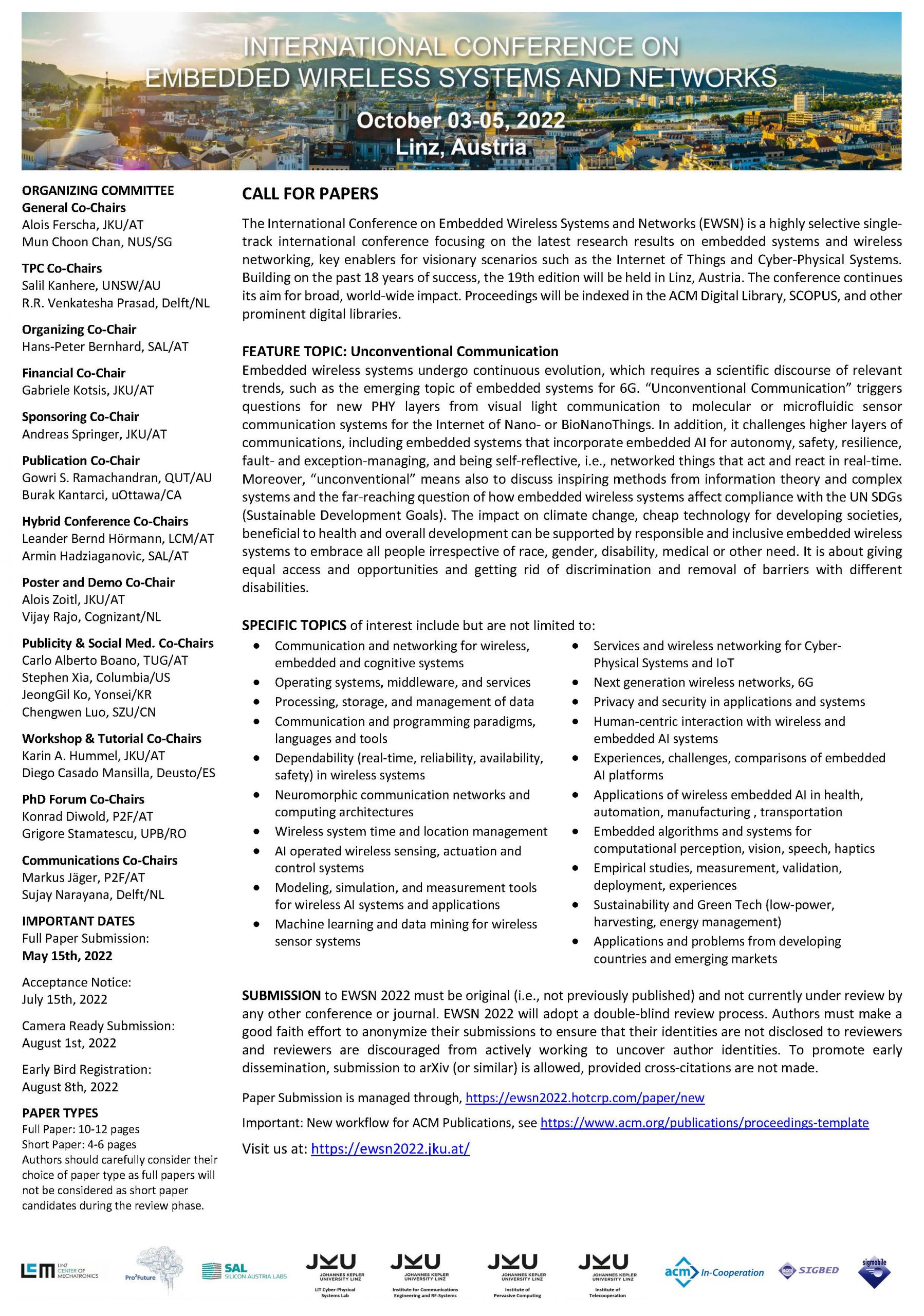 Call for Papers – EWSN 2022 :: Linz, Austria